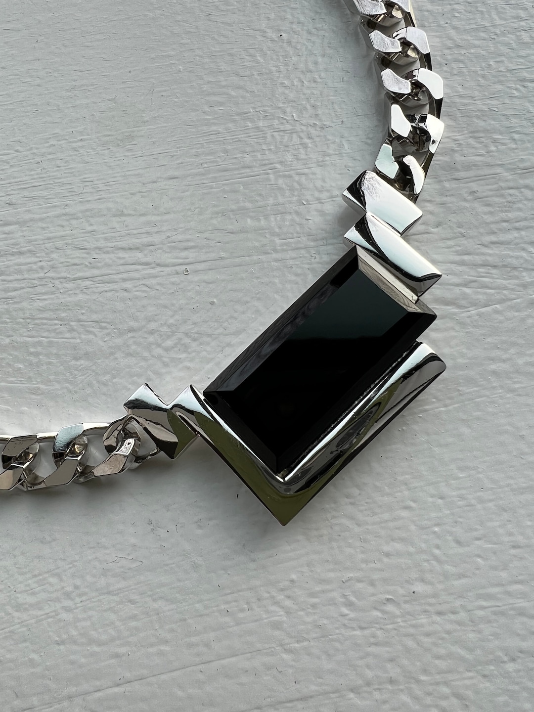 1980s Silver Chain and Black Onyx Necklace - Etsy