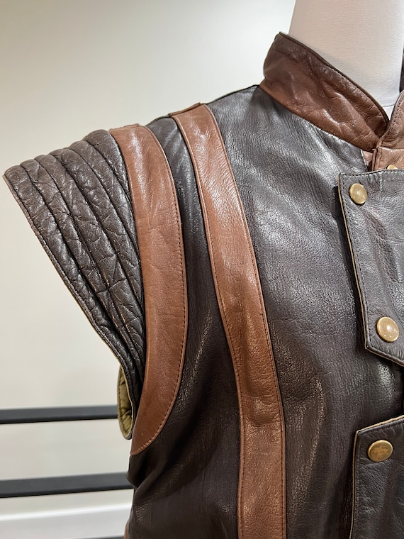 1980s New Wave mens brown leather vest - Gem