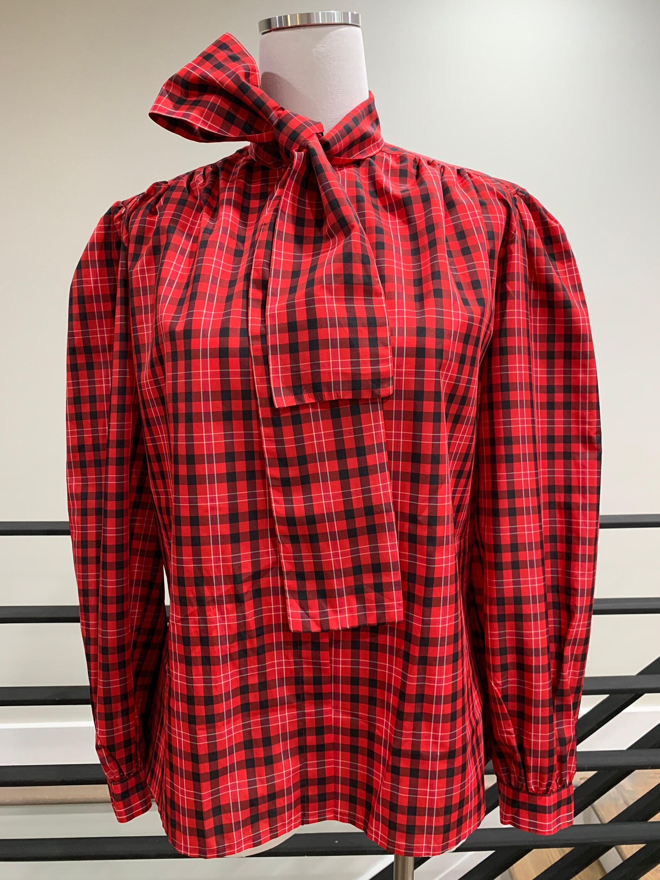Red & Black Plaid Check Blouse W Tie. - Etsy