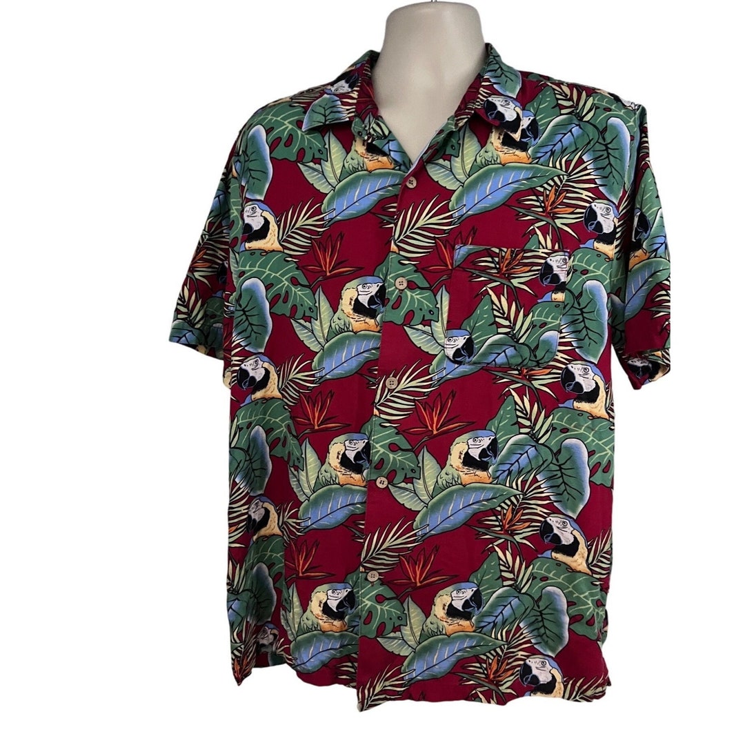 Joe Marlin Mens Vintage Red Hawaiian Aloha Floral Parrots Button Front ...