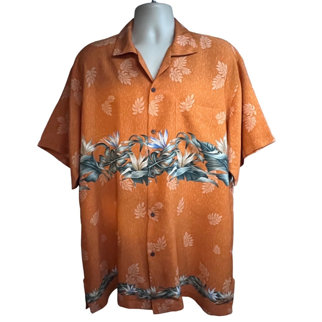 Bali Mens Vintage Orange Floral Mens Hawaiian Aloha Button up Shirt 2XL ...