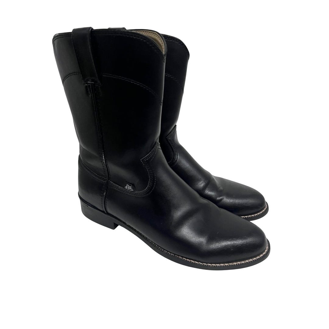 Justin Basics Mens Black Leather Western Cowboy Roper Boots US 10D Pull ...