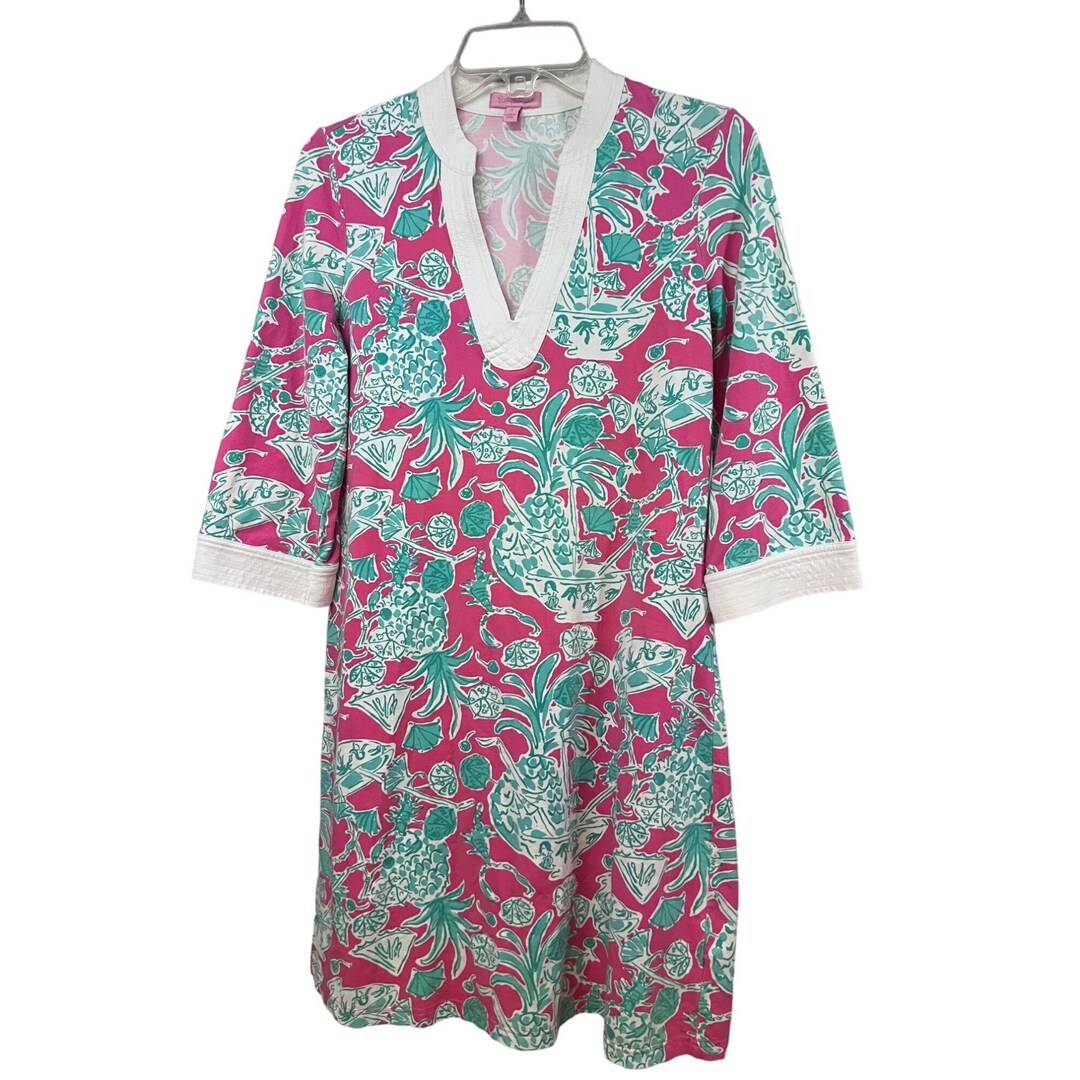 Lilly Pulitzer Tiki Hawaiian Floral Nautical Tunic Midi Dress Small 3/4 ...