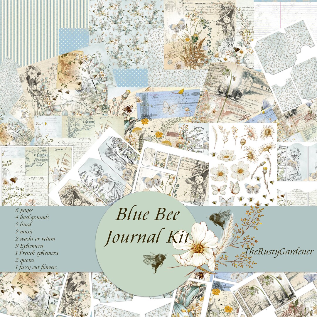 Printable Blue Bee Journal Kit, Bee Journal, Bee Junk Journal Kit - Etsy