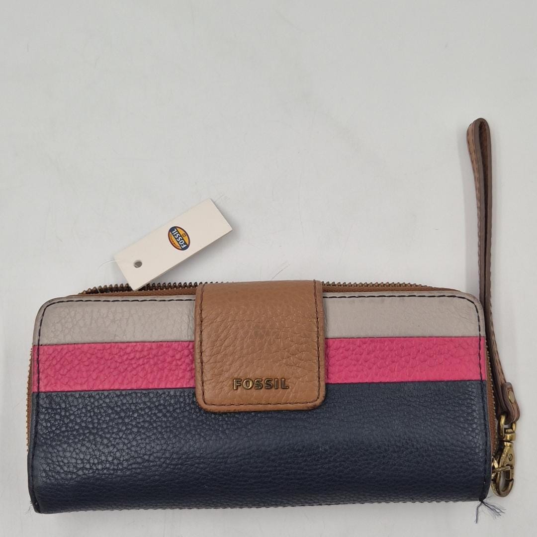 New Fossil Madison Zip Clutch Wallet Pebbled Leather Blue Pink Stripe ...