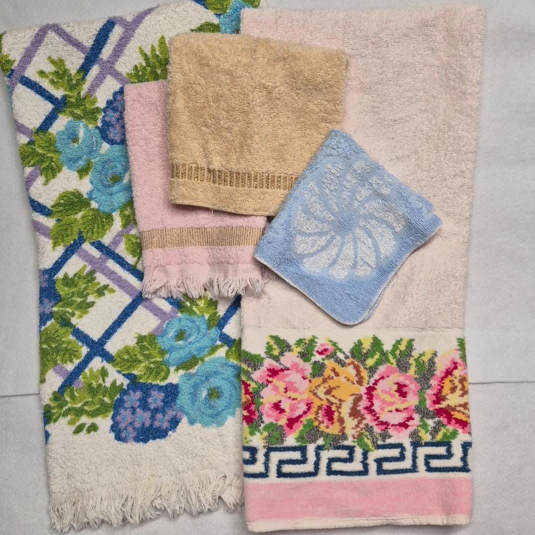 VTG 60s 6 Piece MCM Cannon Royal Family Retro Floral Bath Towel Fringe ...