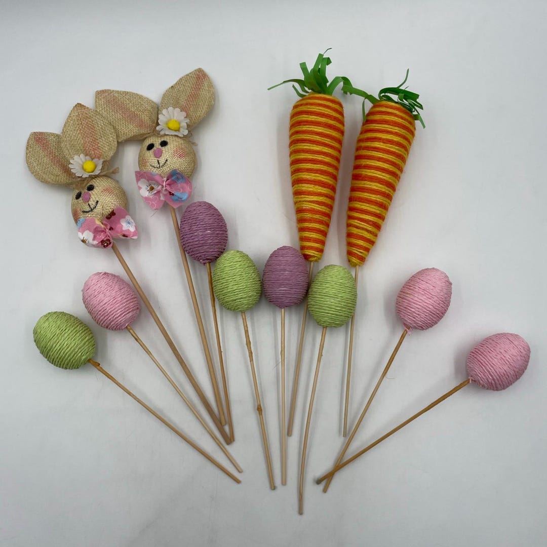 VTG 12 Easter Decorative Carrot Eggs Bunny Picks Stems Crafts Rustic ...