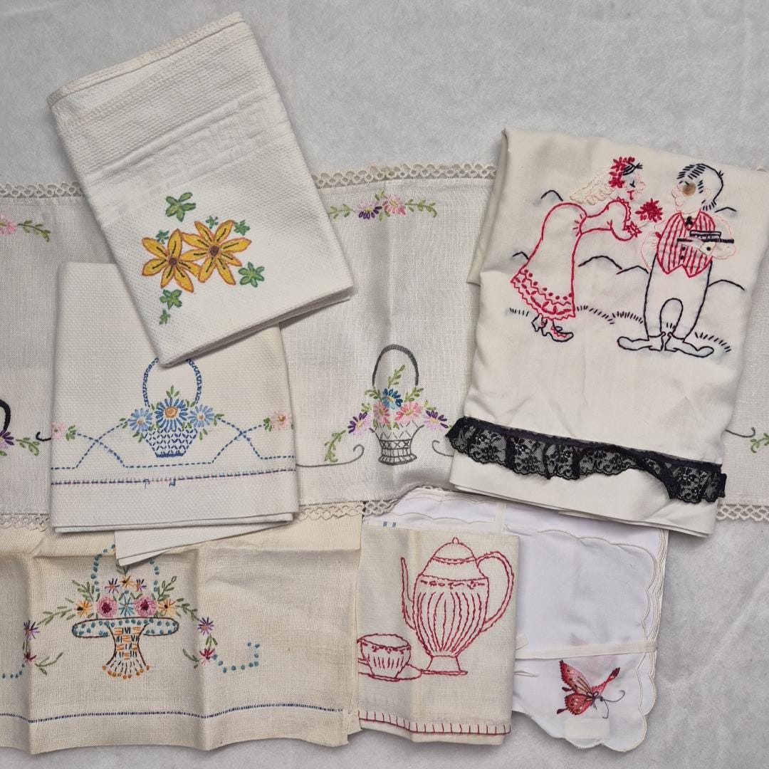 Antique Handmade Linen Lace Dressing Table Mat Runner Tea Towel Napkin ...