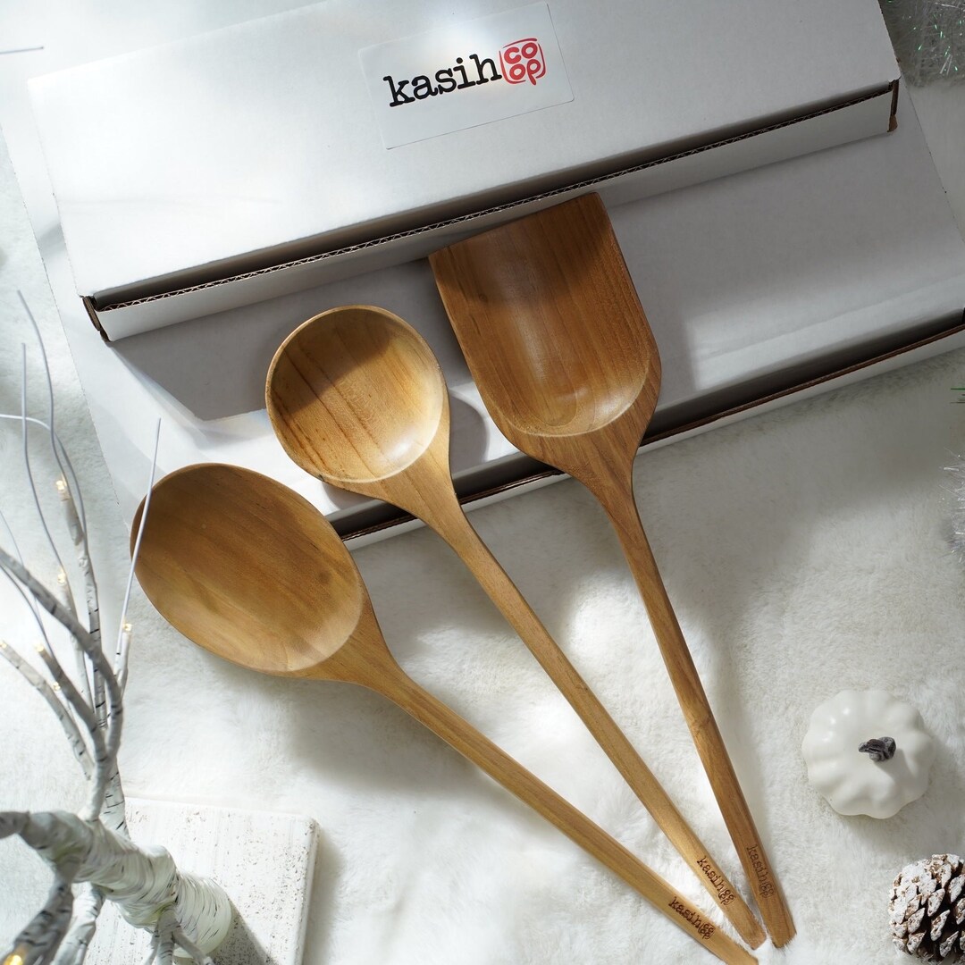 Teak Wood Spoon Spatula Set Hand Carved Indonesia Long Wooden - Etsy