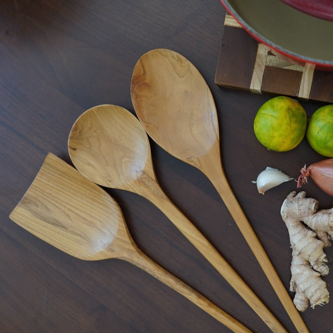 Teak Wood Spoon Spatula Set, Hand Carved Indonesia Long Wooden Utensils ...