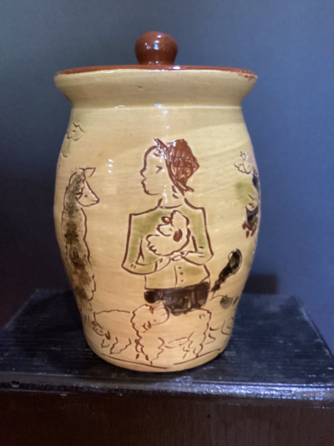 Redware Sgraffito Canister With Sheep,shepherd - Etsy