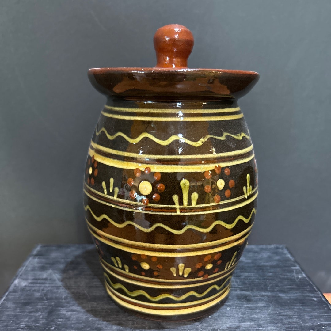 Redware Slip Trailed Canister on Black - Etsy