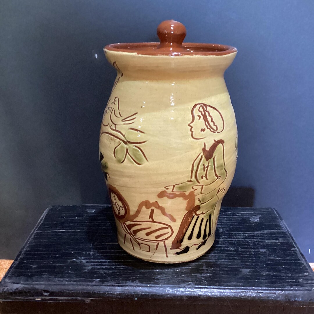 Redware Sgraffito Canister With Spinning Wheel ,shepherdress - Etsy