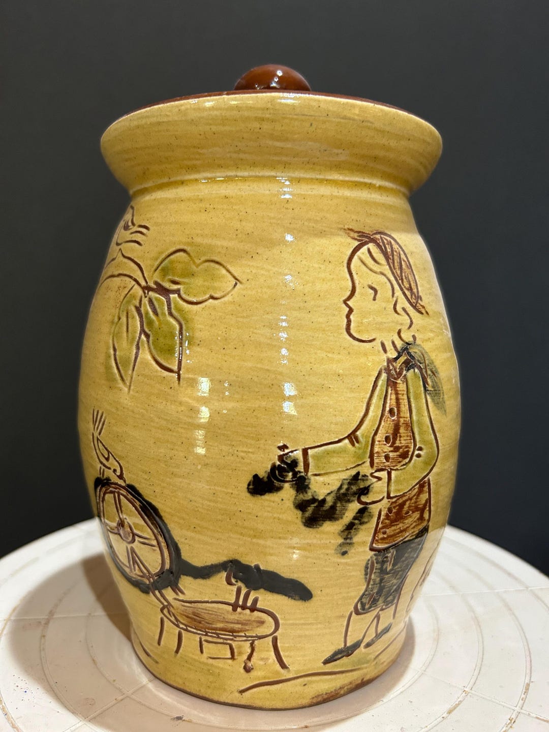 Redware Sgraffito Canister With Spinning Wheel - Etsy