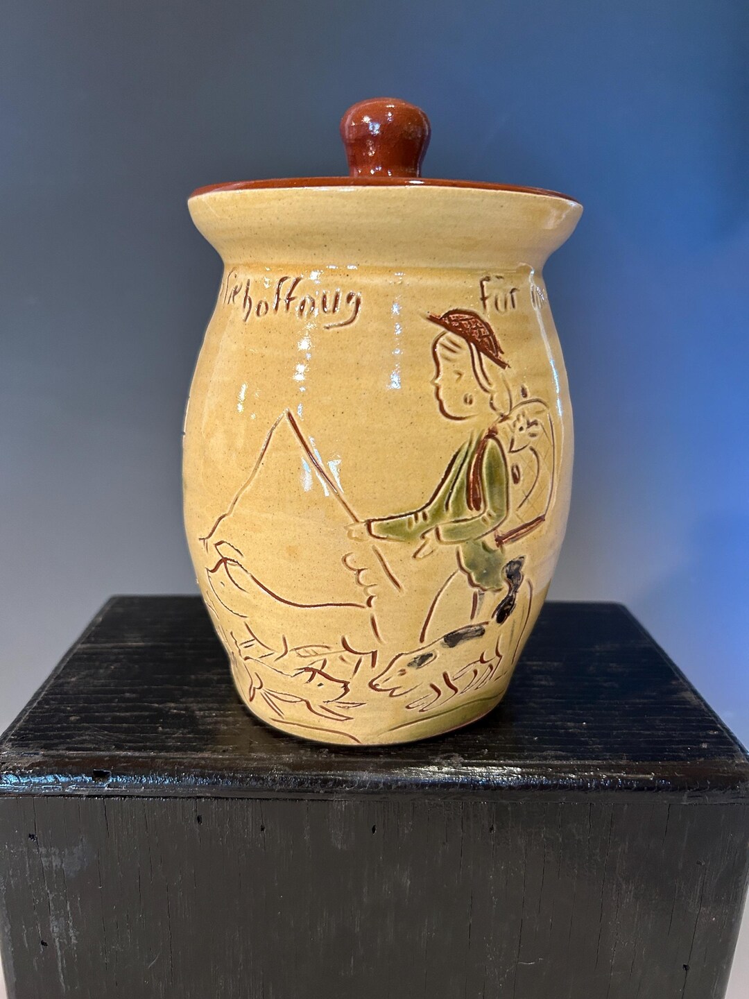 Redware Sgraffito Canister Going to Market - Etsy