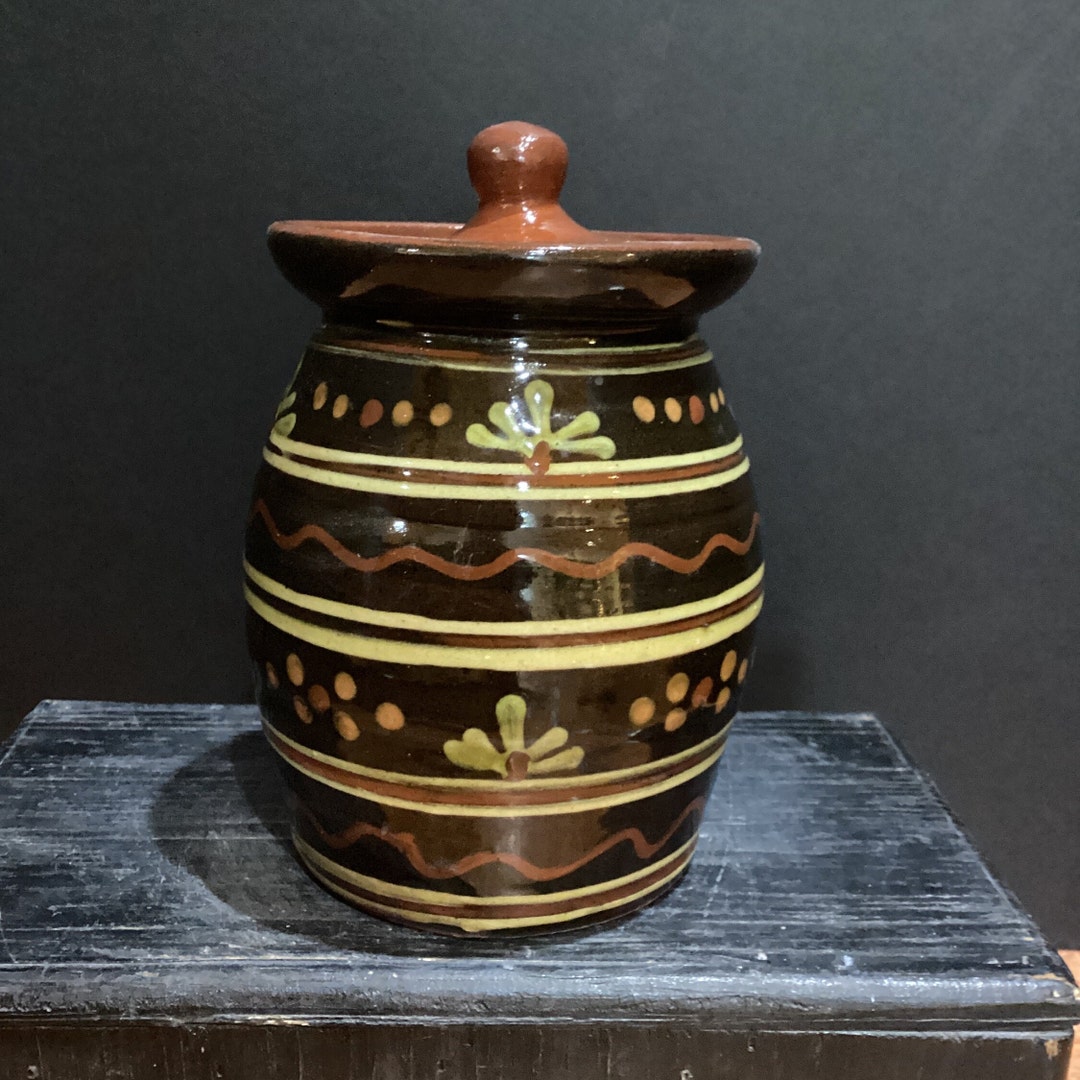 Redware Slip Trailed Canister on Black - Etsy