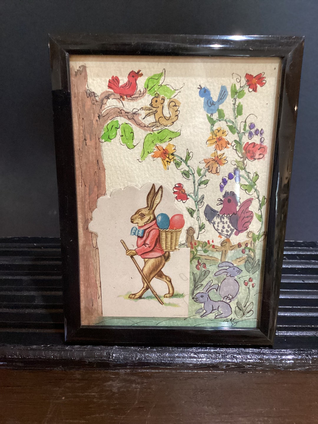 Vintage Victorian Easter Die Cut Bunny Framed With Painted Background ...
