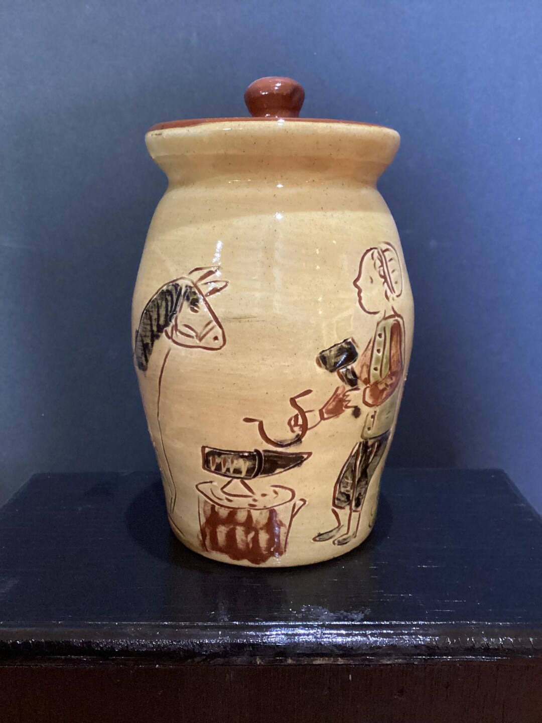 Redware Sgraffito Canister With Farrier - Etsy