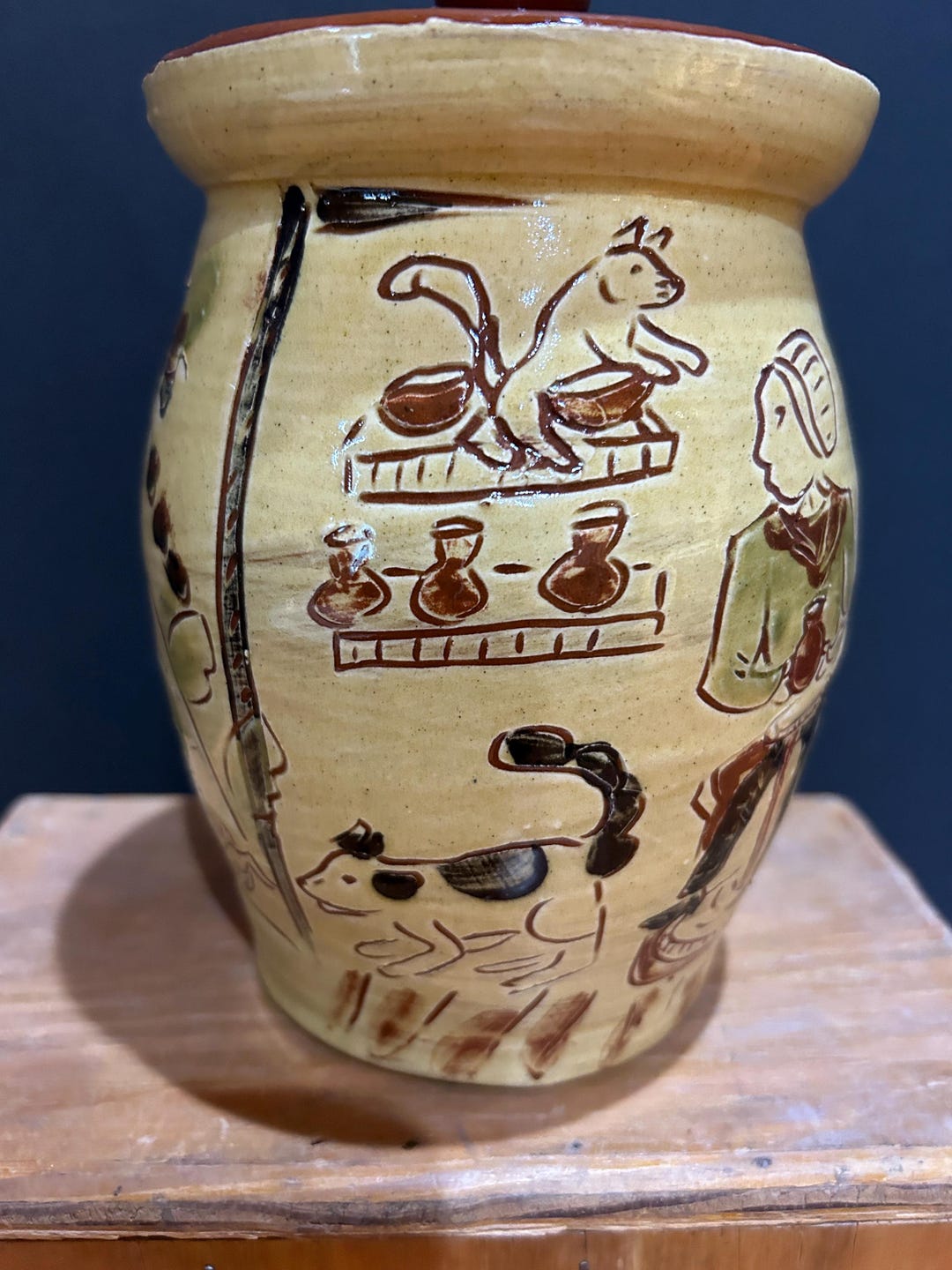 Redware Sgraffito Canister With Potter - Etsy