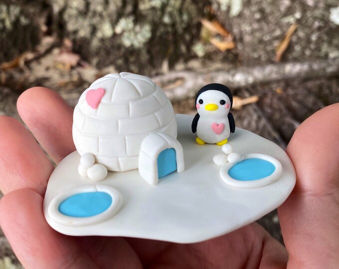Mini Igloo and Penguin Figurine Handmade With Polymer Clay - Etsy