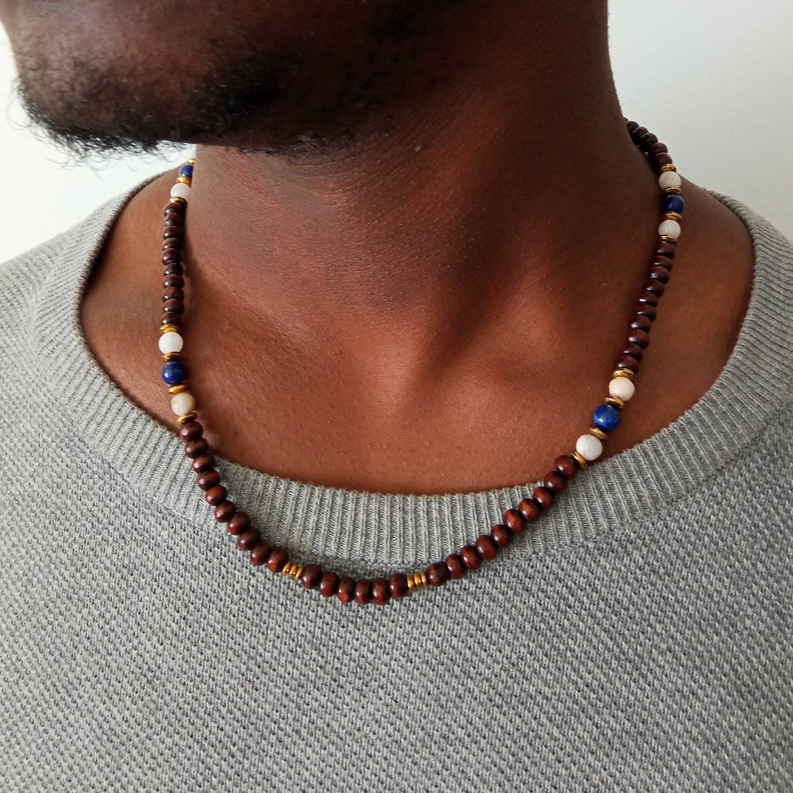 African pearl necklace for men with natural stone Lapis Lazuli | Etsy