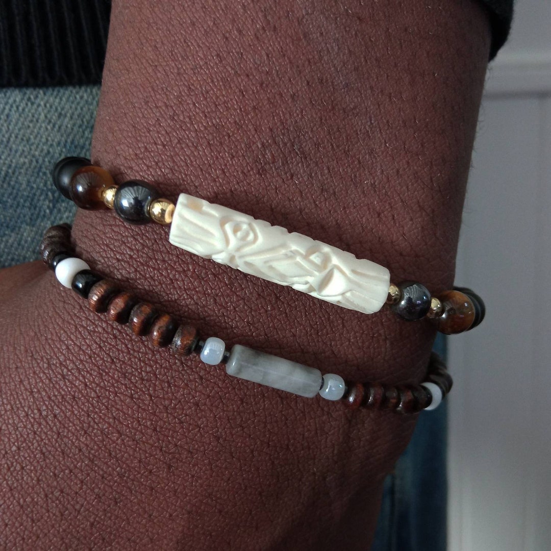 Beaded African Sculpture Bracelet for Men, Beaded Onyx Bracelet for Men ...
