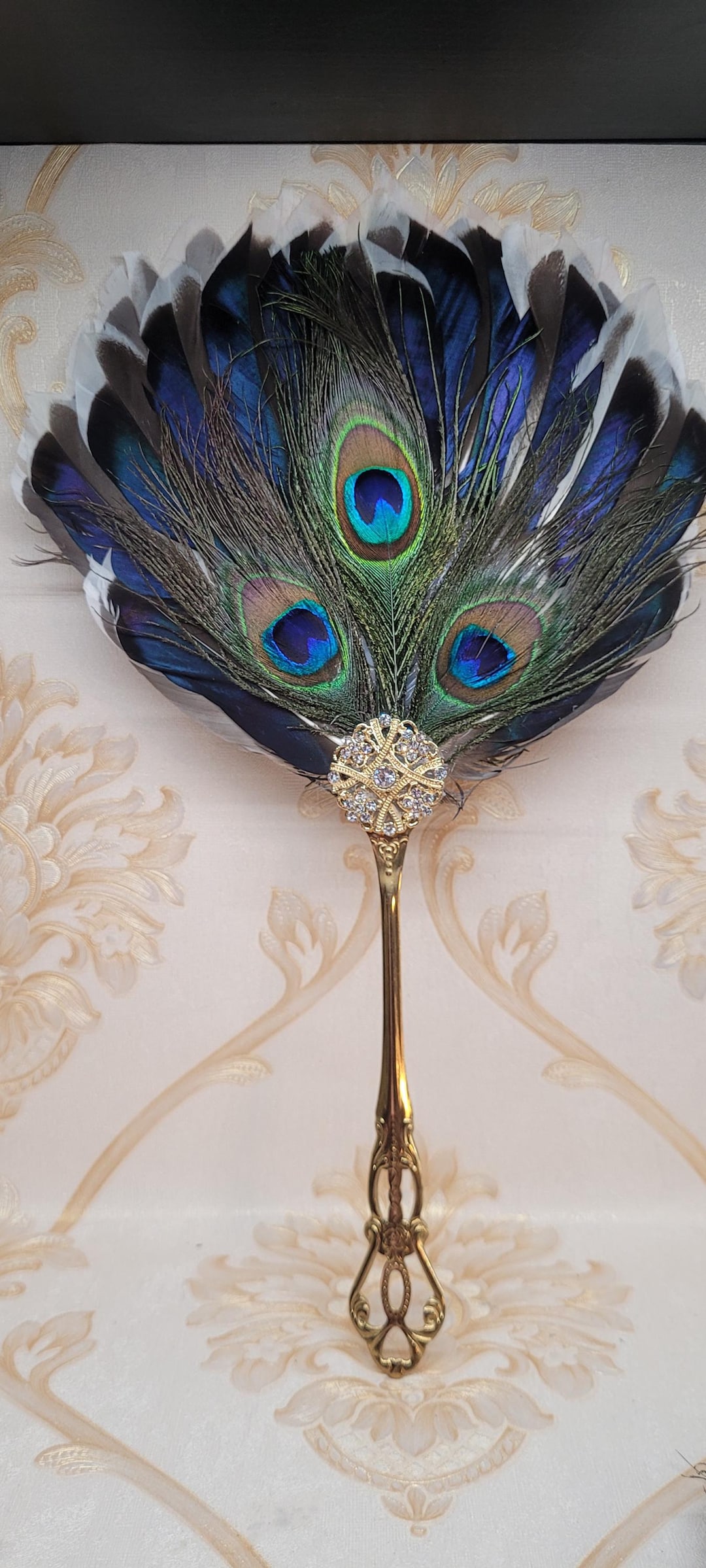 Feathered Duck and Peacock Fan: Iridescent Jeweled Fan With Gold Handle ...