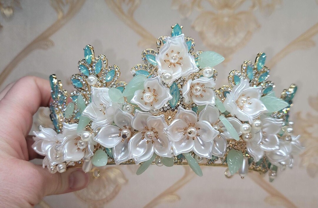 Large White Green Gold Flower Tiara - Etsy