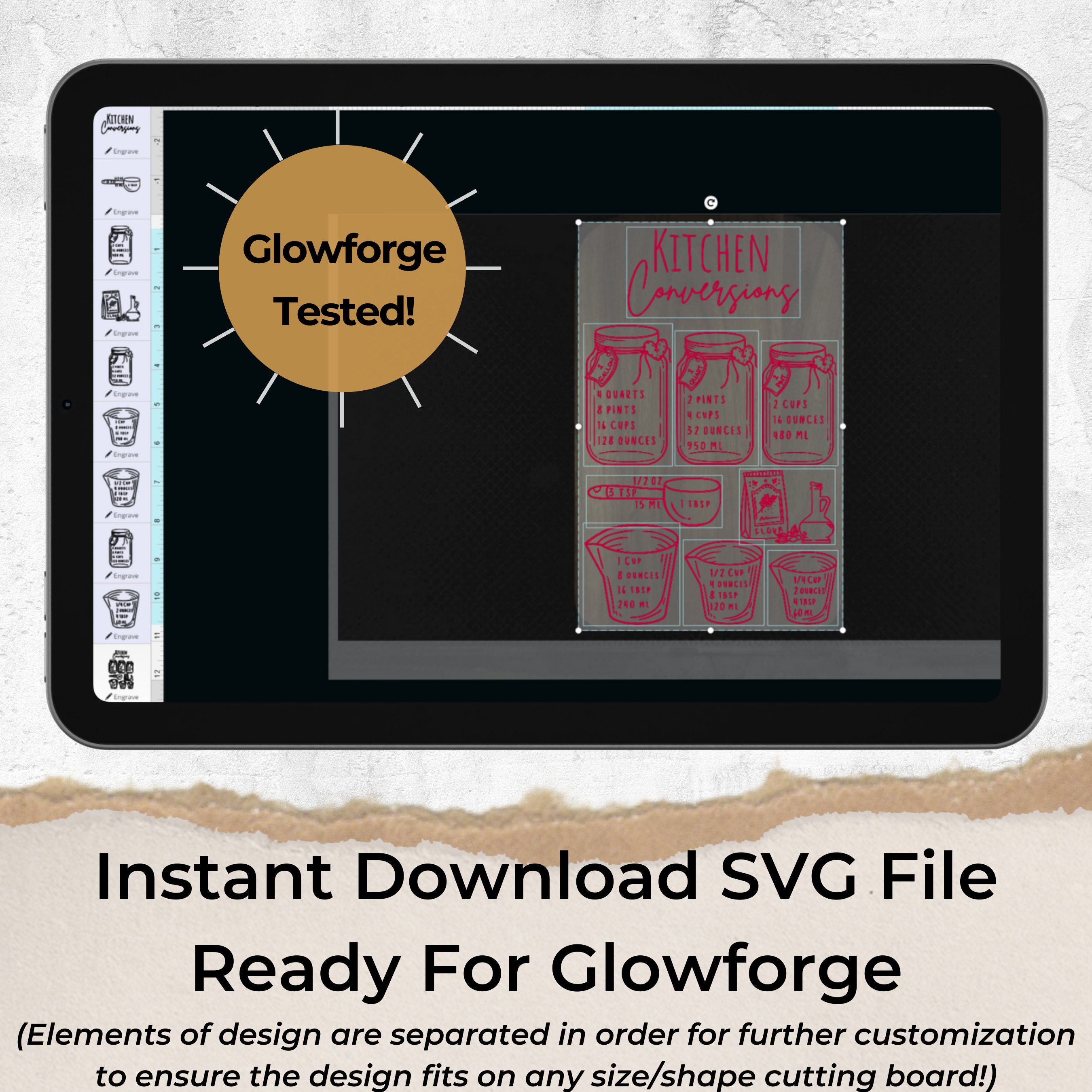 Kitchen Conversions SVG Cutting Board SVG Glowforge Projects Laser ...