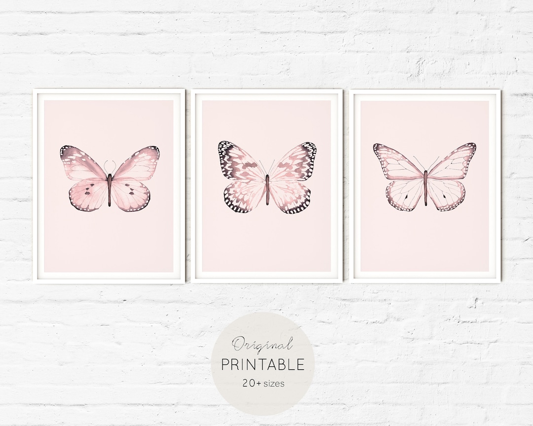 Pink Butterfly Print - 3 Piece Wall Art, Nursery Printable Poster ...