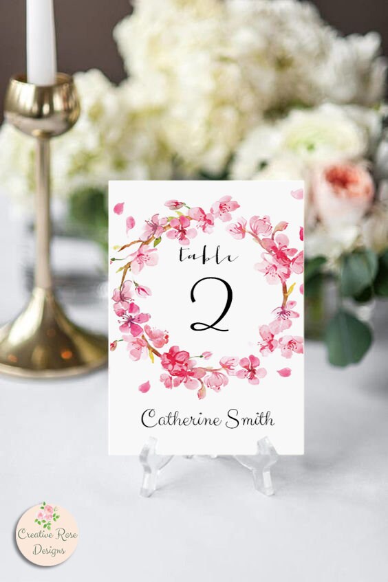 Custom Editable Printable Pink Cherry Blossom Wreath Table Numbers With ...