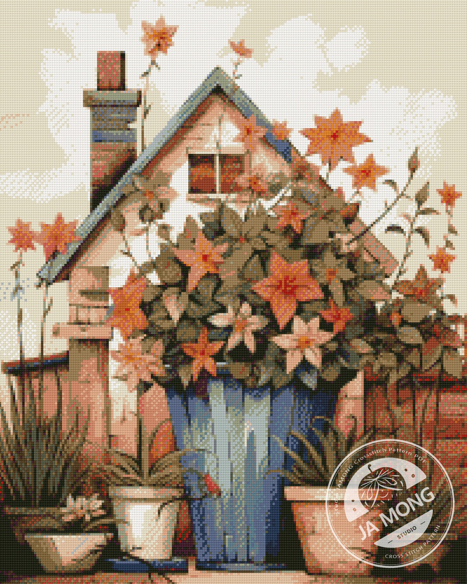 Jmp0353_rooftop Flower Pot, Cross Stitch Pattern PDF, Full Coverage ...