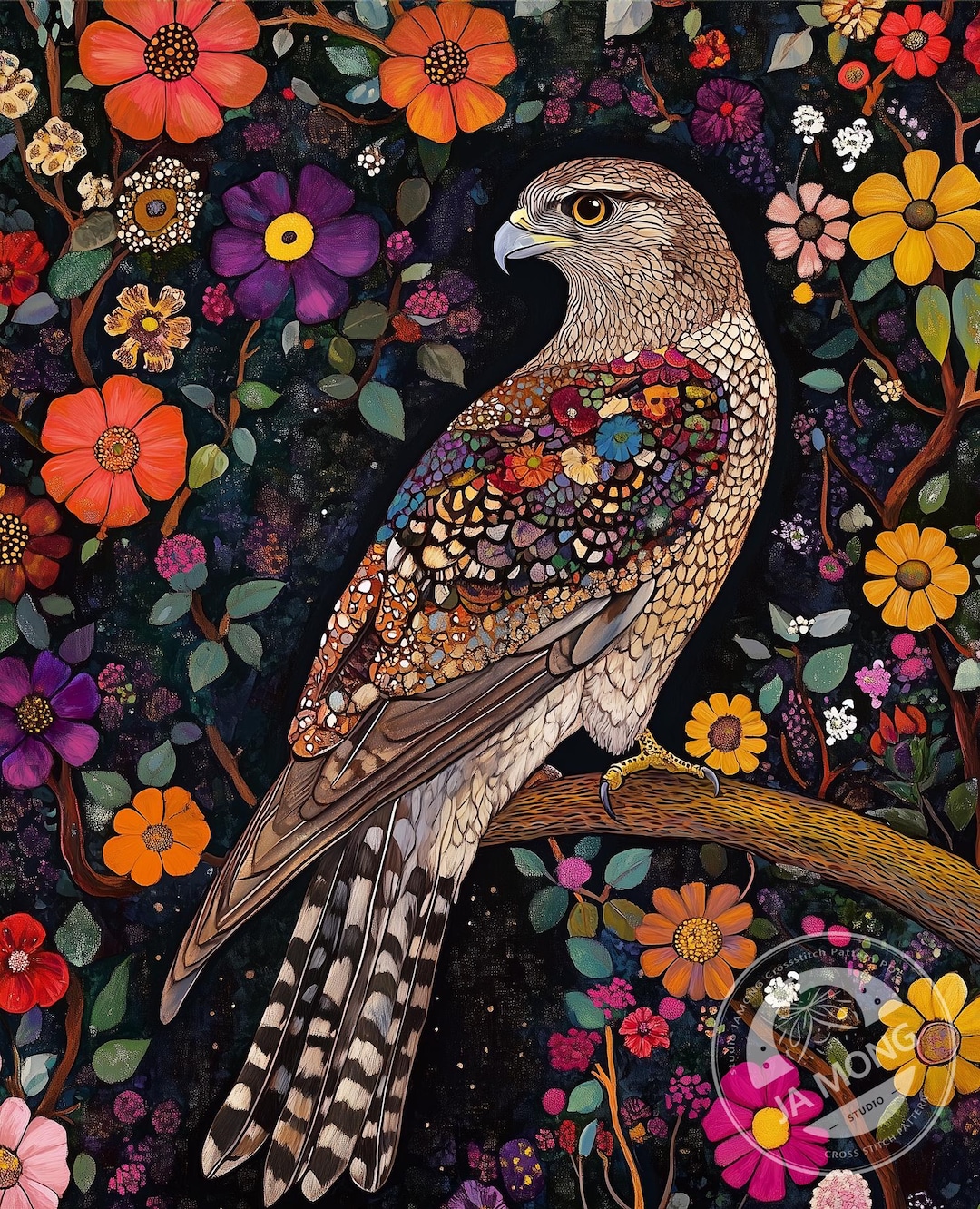 JMP0925 Flower Hawk PDF Cross Stitch Pattern Full Coverage Instant ...
