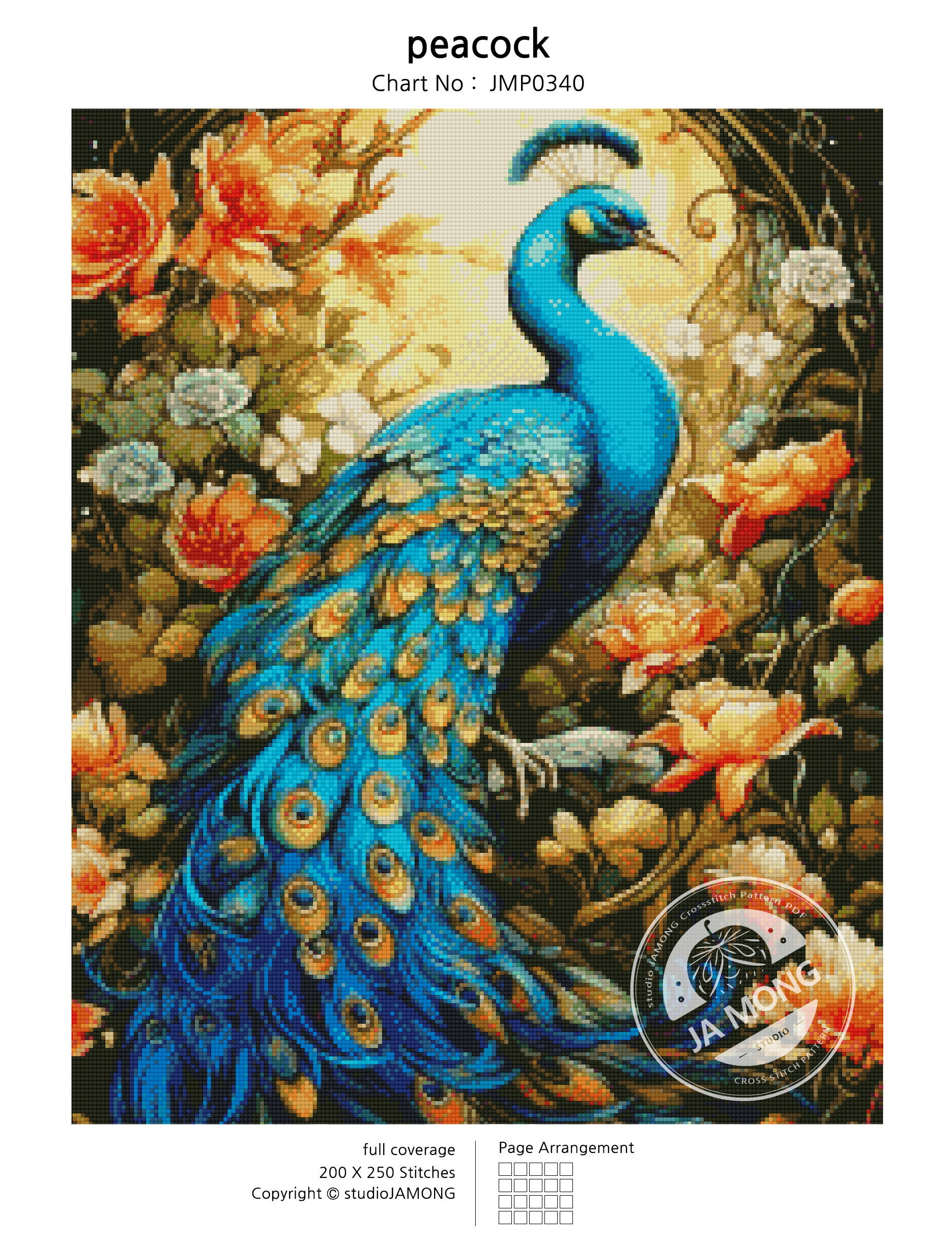 Jmp0340_peacock, Cross Stitch Pattern PDF, Full Coverage Hand ...