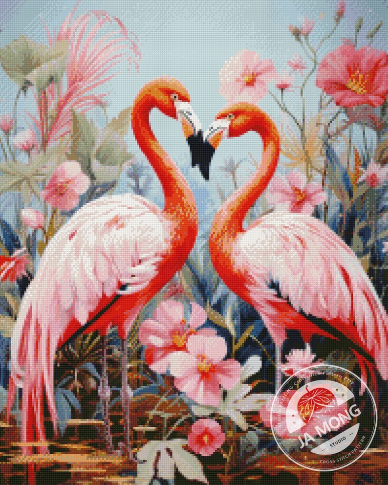 Jmp0284_flamingos Love, Cross Stitch Pattern PDF, Full Coverage Hand Embroidery Pattern, Counted ...