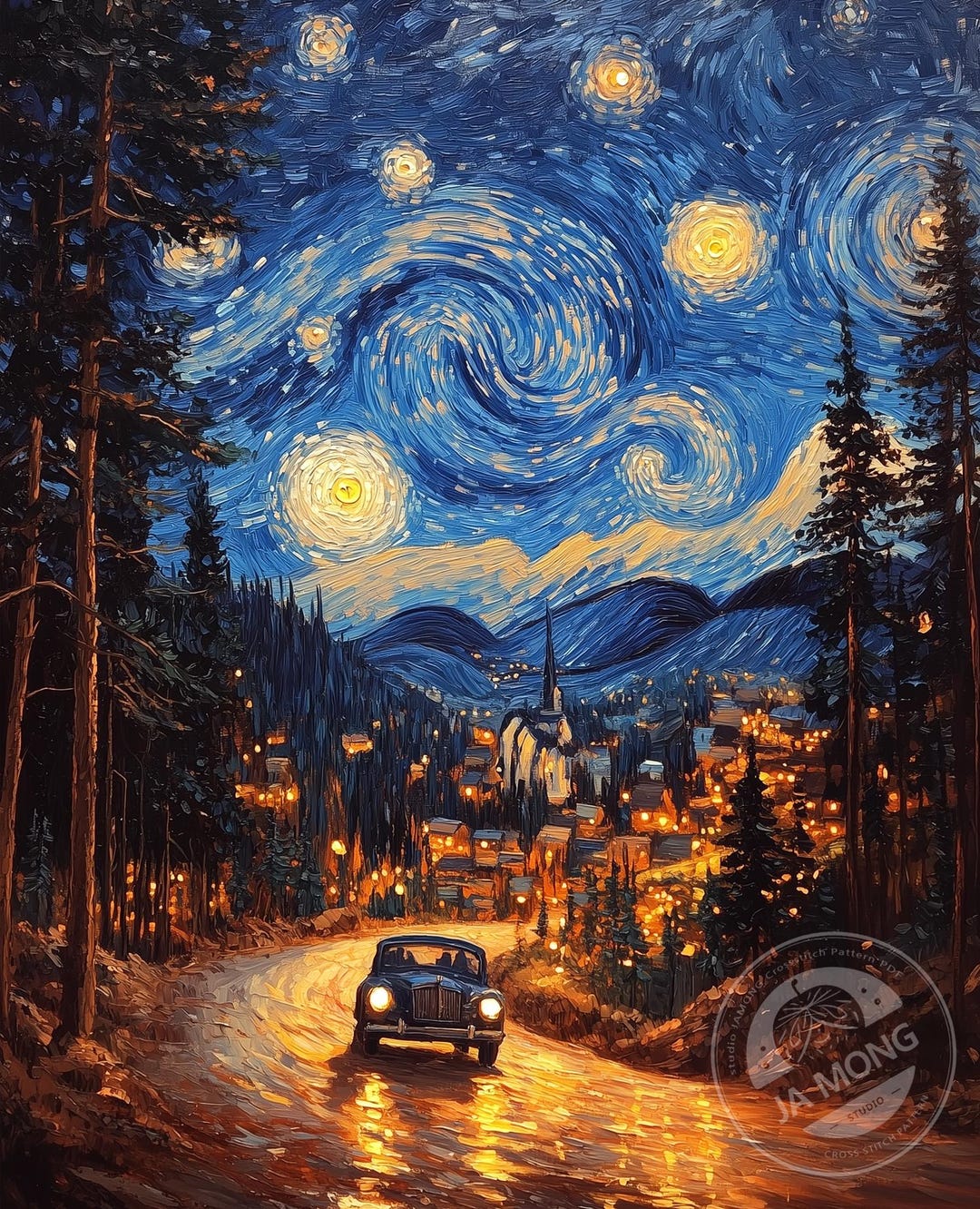 Starry Night Cross Stitch Pattern PDF Full Coverage Hand Embroidery ...