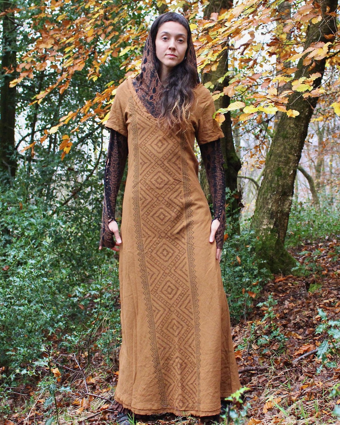 Long Tribal Dress • Litha Dress • Rustic Maxi Dress • Earthy Block ...