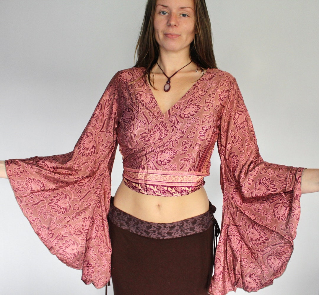 Silk Wrap Top Dusky Rose Bell Sleeve Tie up Crop Top Blouse Retro ...