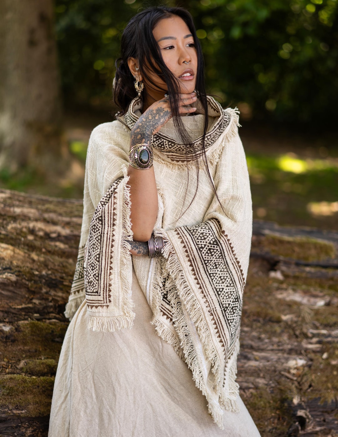 Cowl Neck Poncho • Raw Cotton Block Print Tribal Top • Oversized Shawl ...