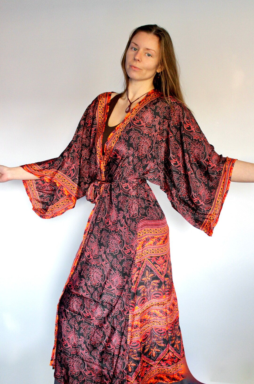 Black Silk Gypsy Flared Sleeve Kimono 60s 70s Festival - Etsy