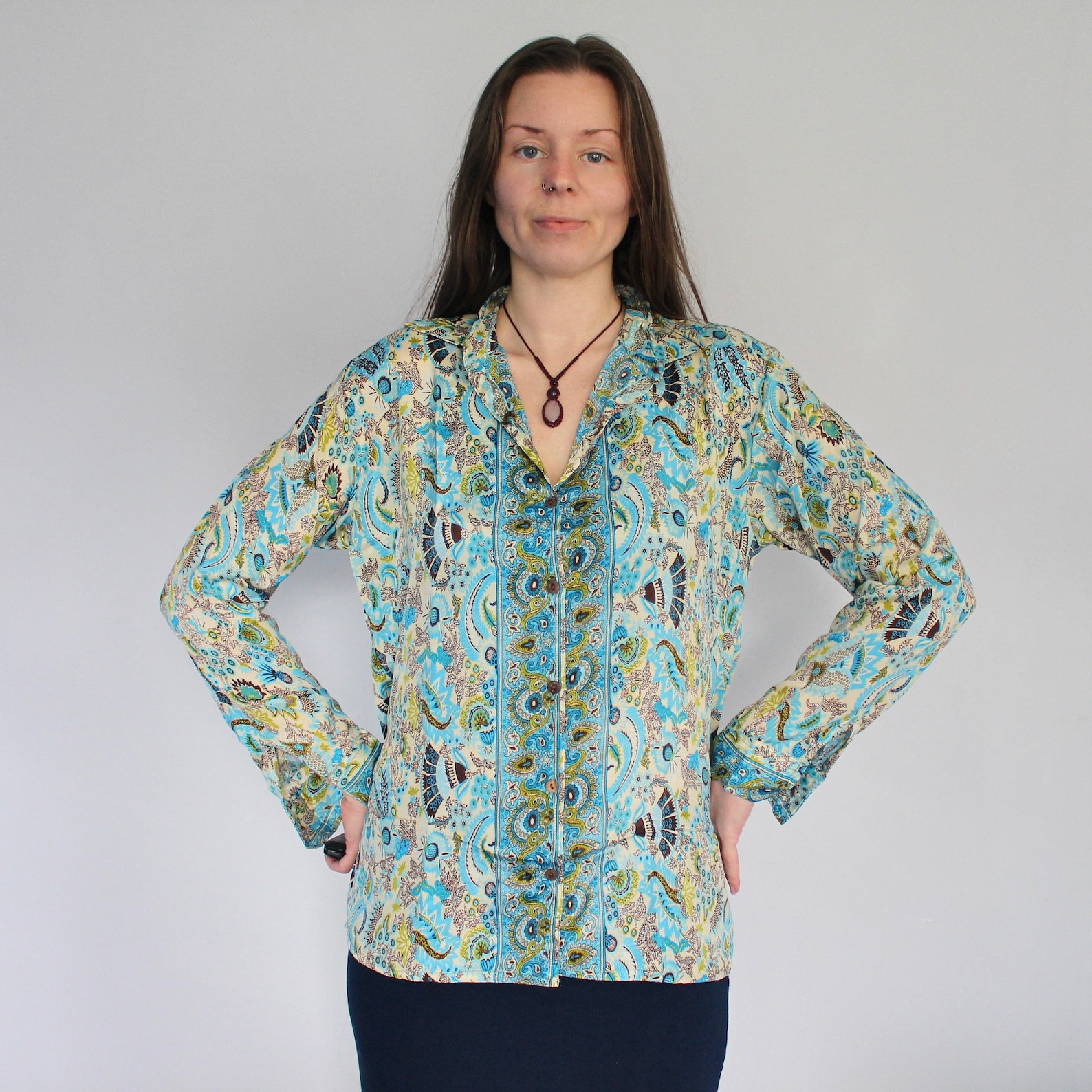 Peacock Blue Silk Shirt Unisex Retro Psychedelic Print Long Etsy