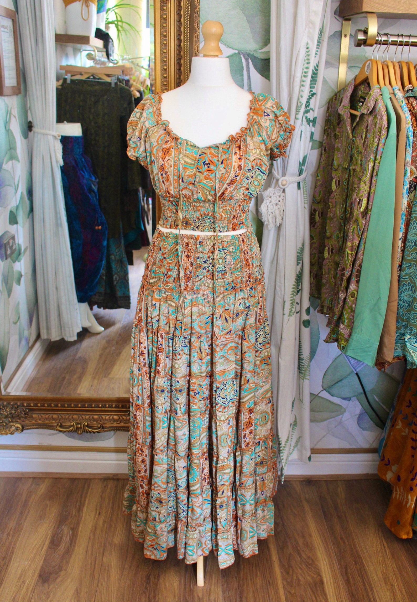 Silk Top & Skirt Dress SET • Silk Maxi Skirt Bardot Crop Top • Boho ...