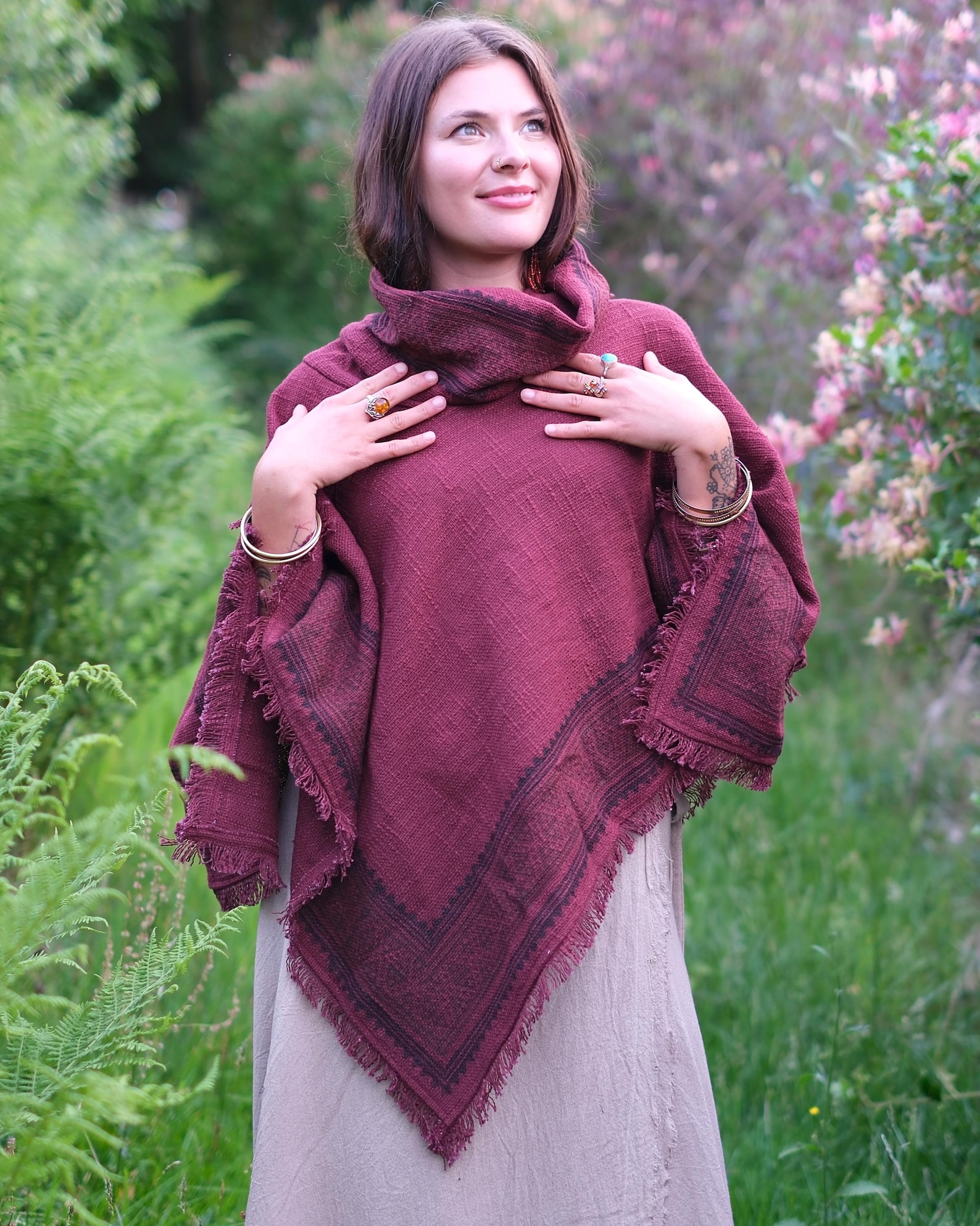 Cowl Neck Poncho • Raw Cotton Block Print Tribal Top • Oversized Shawl ...