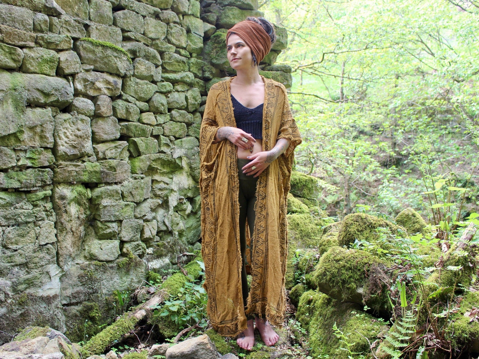 Goddess Kimono • Raw Cotton Block Print Long Earthy Robe • Shamanic ...