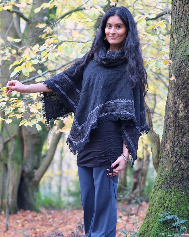 Cowl Neck Poncho • Raw Cotton Block Print Tribal Top • Oversized Shawl ...