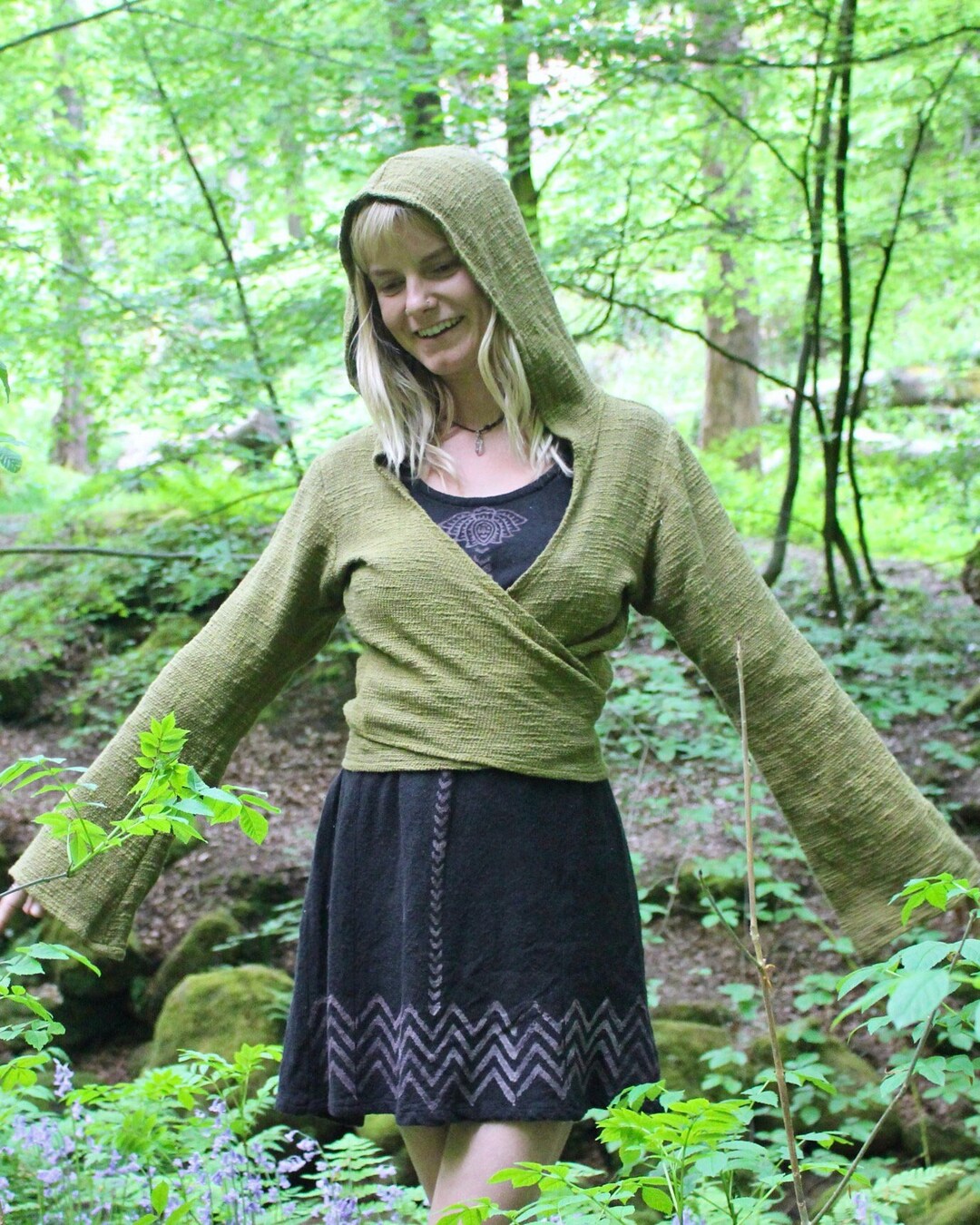 Raw Cotton Natural Wrap Top Hooded Bell Sleeve Akashic Wrap Crop ...