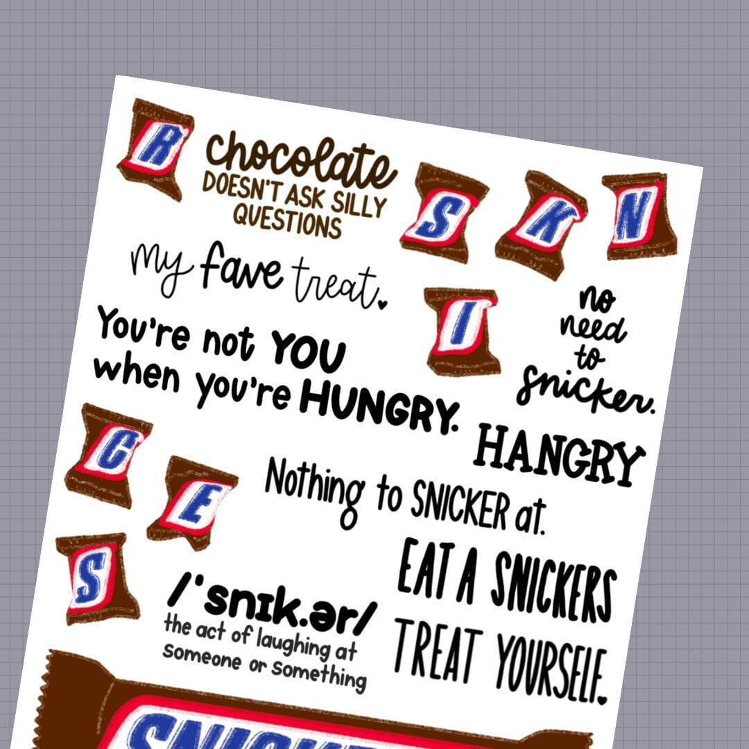 SNICKERS Chocolate Treat Candy Bar Sticker Sheet - Hand Drawn Written ...