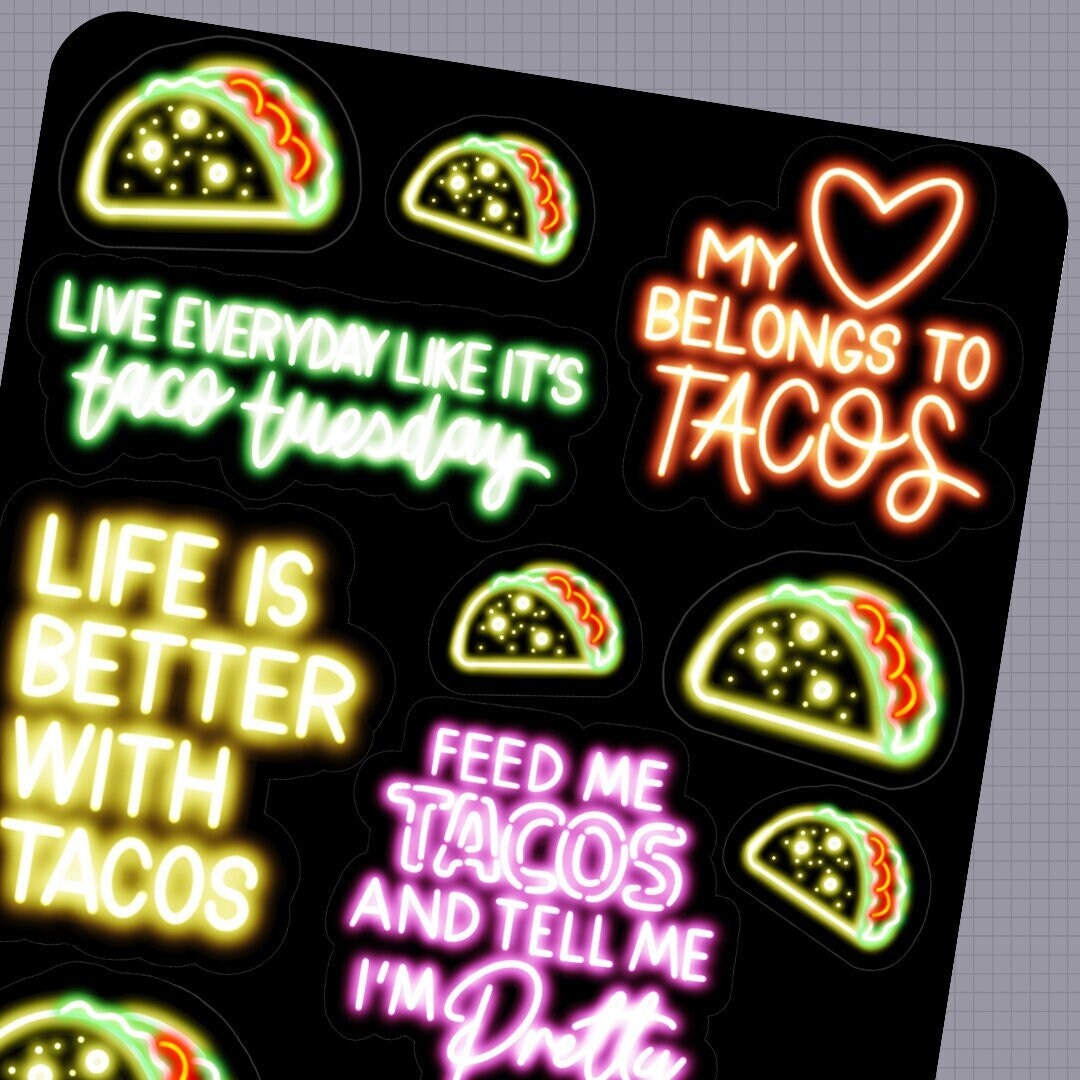 Black NEON TACO Hand Drawn Hand Written Planner Stickers - Decor Sheet ...