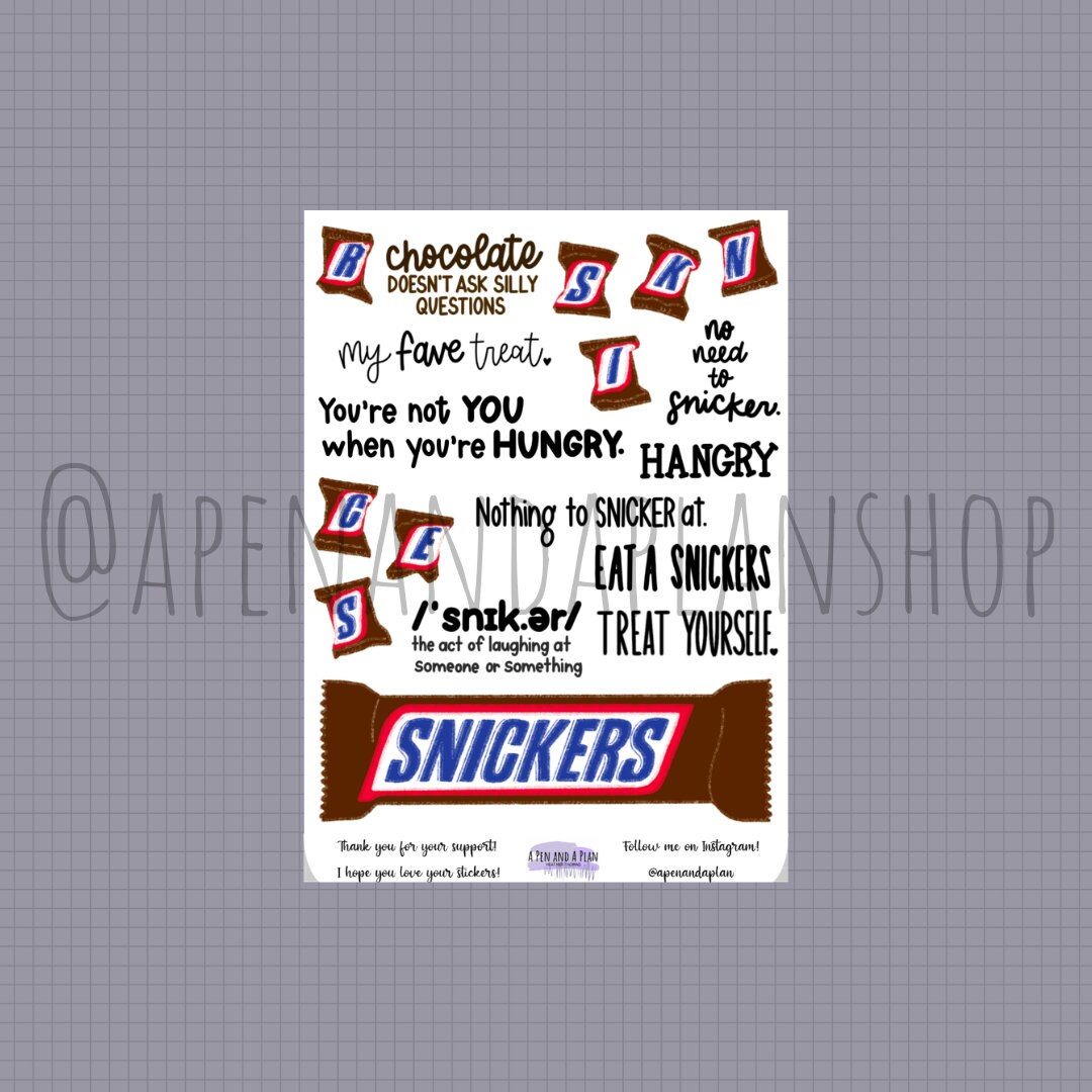 SNICKERS Chocolate Treat Candy Bar Sticker Sheet Hand Drawn Written ...
