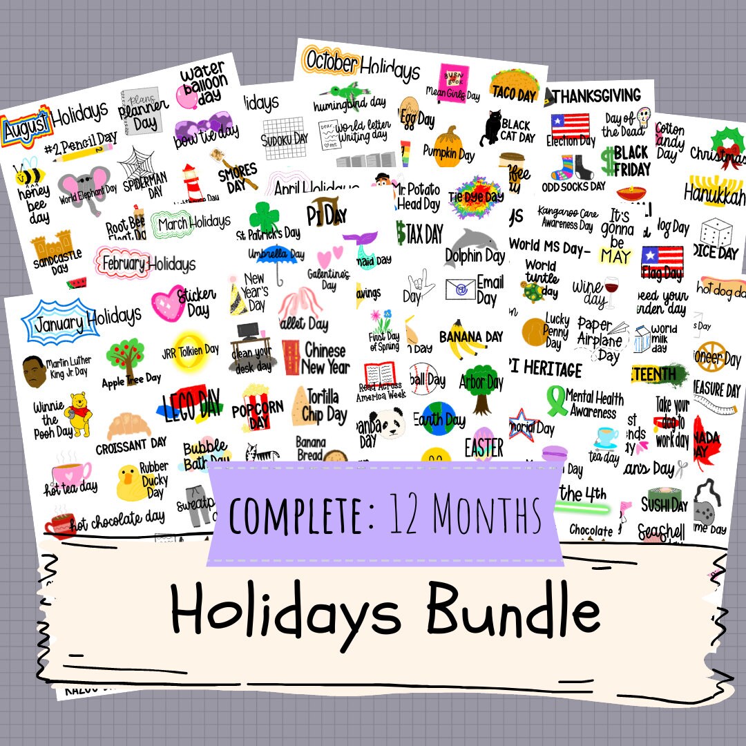 Holidays BUNDLE - ALL 12 MONTHS - Wacky Weird Calendar Holidays - Hand ...